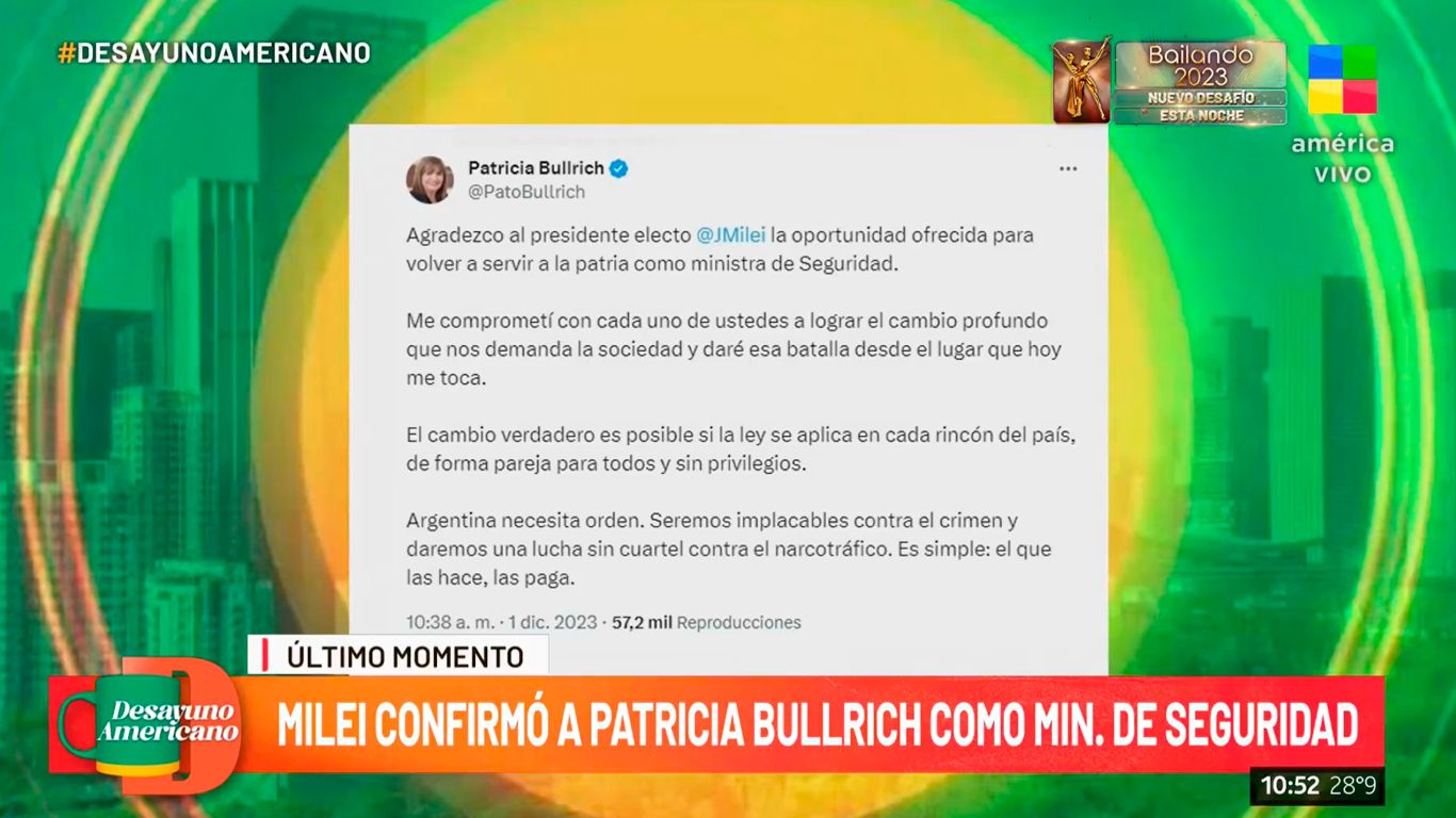 Javier Milei confirmó a Patricia Bullrich como ministra de Seguridad Javier Milei confirmó a Patricia Bullrich como ministra de Seguridad